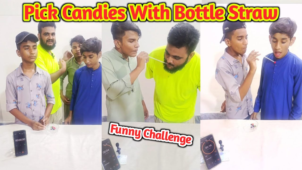 Pick candies by bottle straw funny challenge (Must Watch) - YouTube