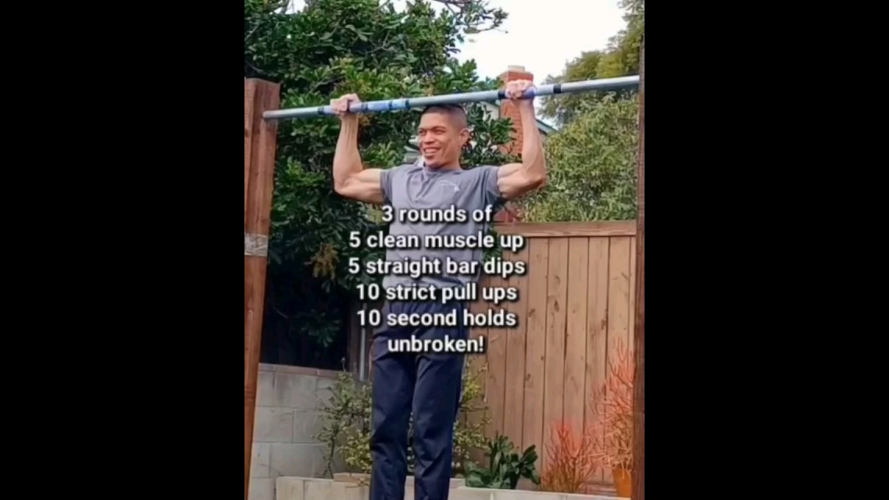 3 rounds of 5 clean muscle ups to 5 bar dips to 10 strict pull ups to 10 second isometric holds ...