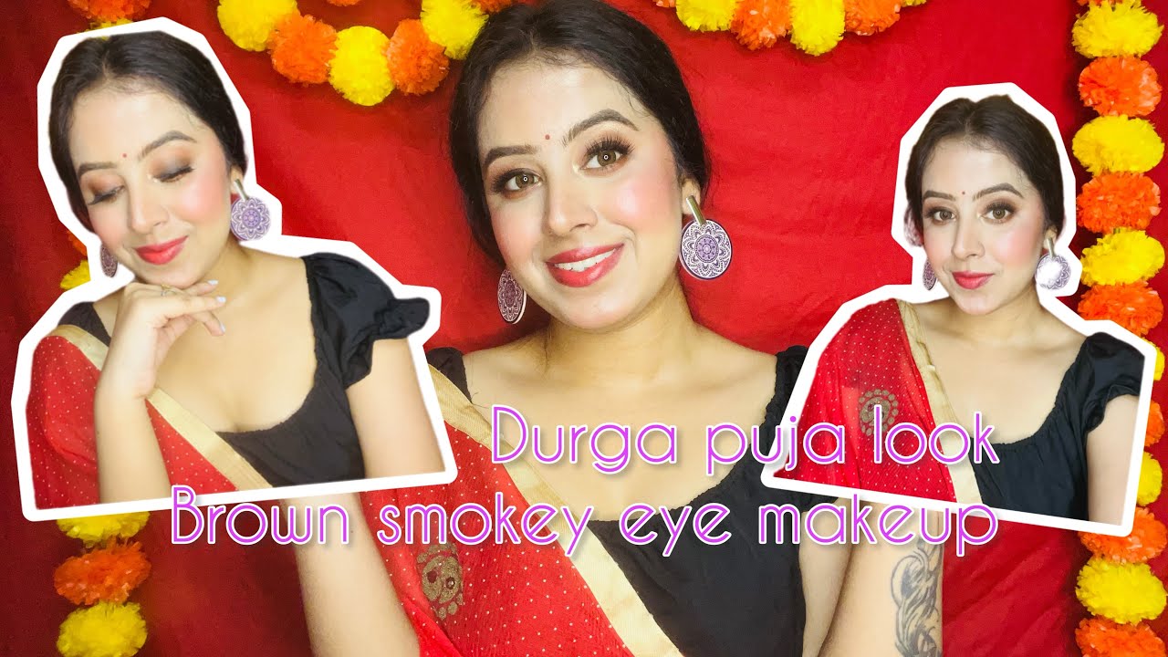 Durga puja makeup tutorial || brown smokey eye makeup - YouTube