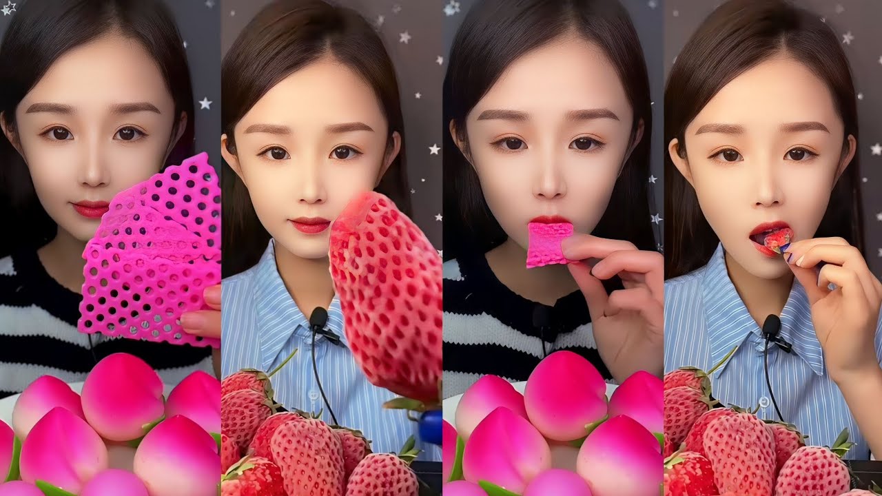 ASMR STRAWBERRY 🍓 SHAPE WITH CUTE CANDY 🍬 FLAVOR EATING BITES VOICE ...