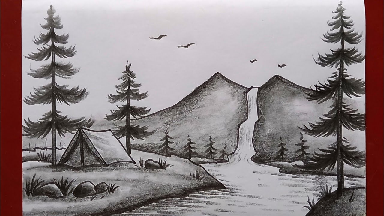 Hill landscape scenery drawing with pencil shading - YouTube