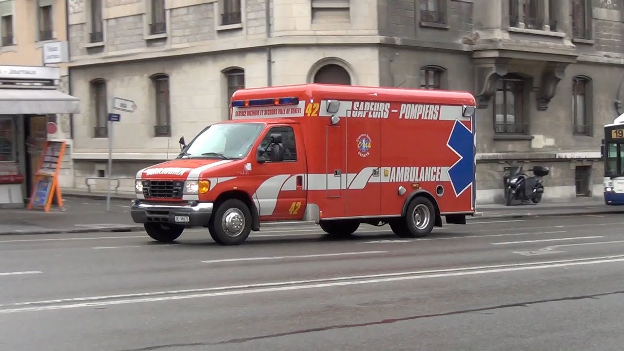 Ambulance 42 Genève // Geneva fire service; ambulance 45 responding ...