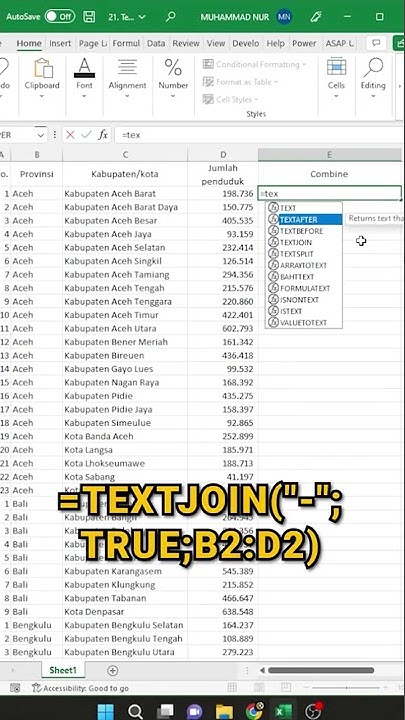 Cara menggabungkan beberapa cell di excel dengan TEXTJOIN | SHORT | Kaemnur - YouTube