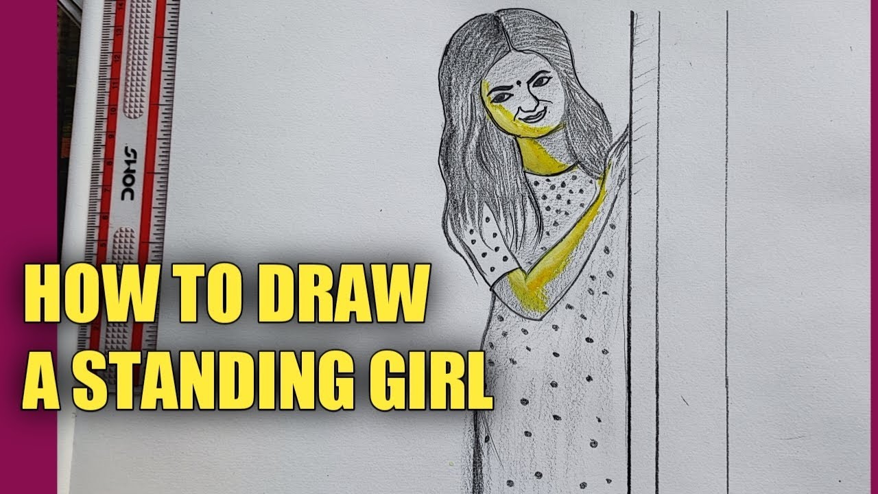 How to draw a standing girl near door|How to draw a girl with saree ...