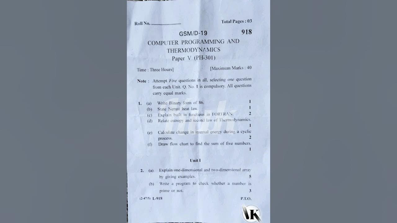 KUK BSC 3RD SEM PAPER PHYSICS COMPUTER PROGRAMMING AND THERMODYNAMICS ...