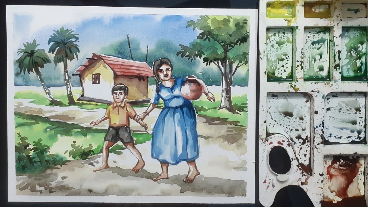 how to draw village composition | Easy water colour step by step ...