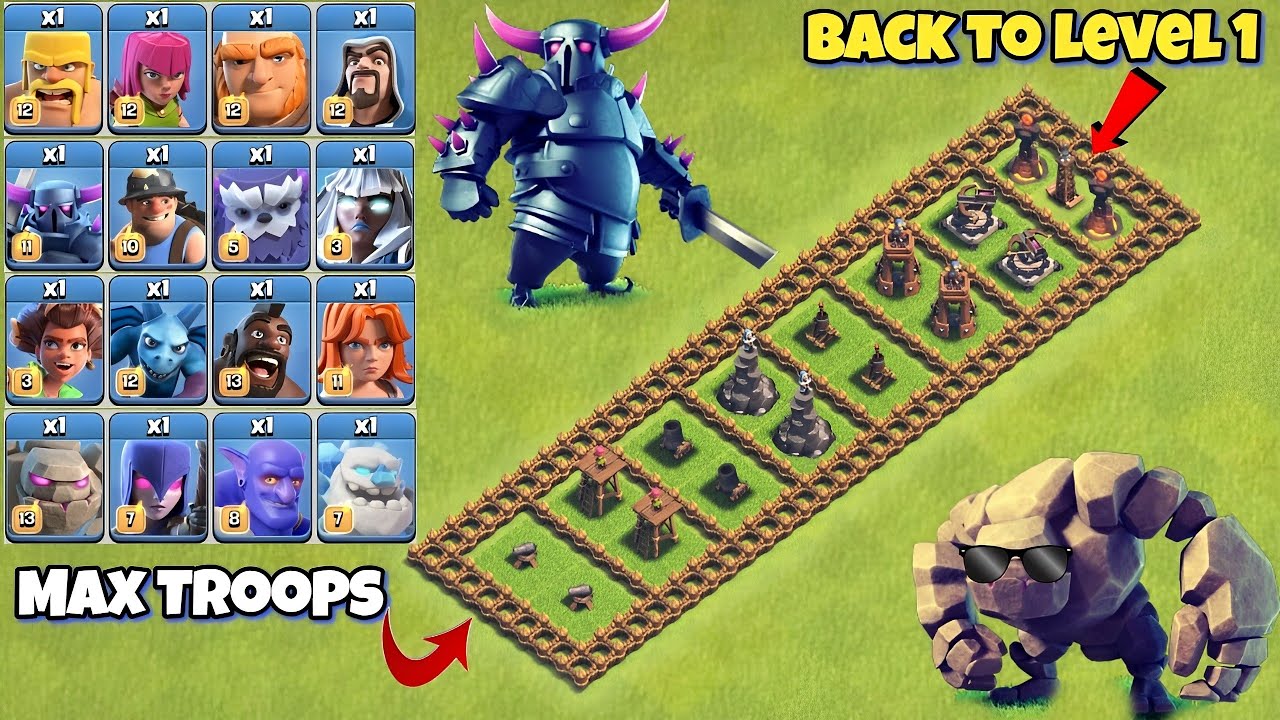 (Back to Level 1) Max Troops Vs Noob Defense Formation | Clash of Clans ...