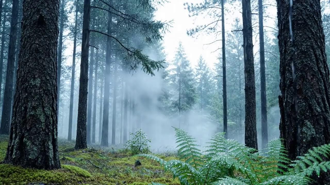 LIVE Static 8K shot of foggy pine forest during light rain, peaceful ...