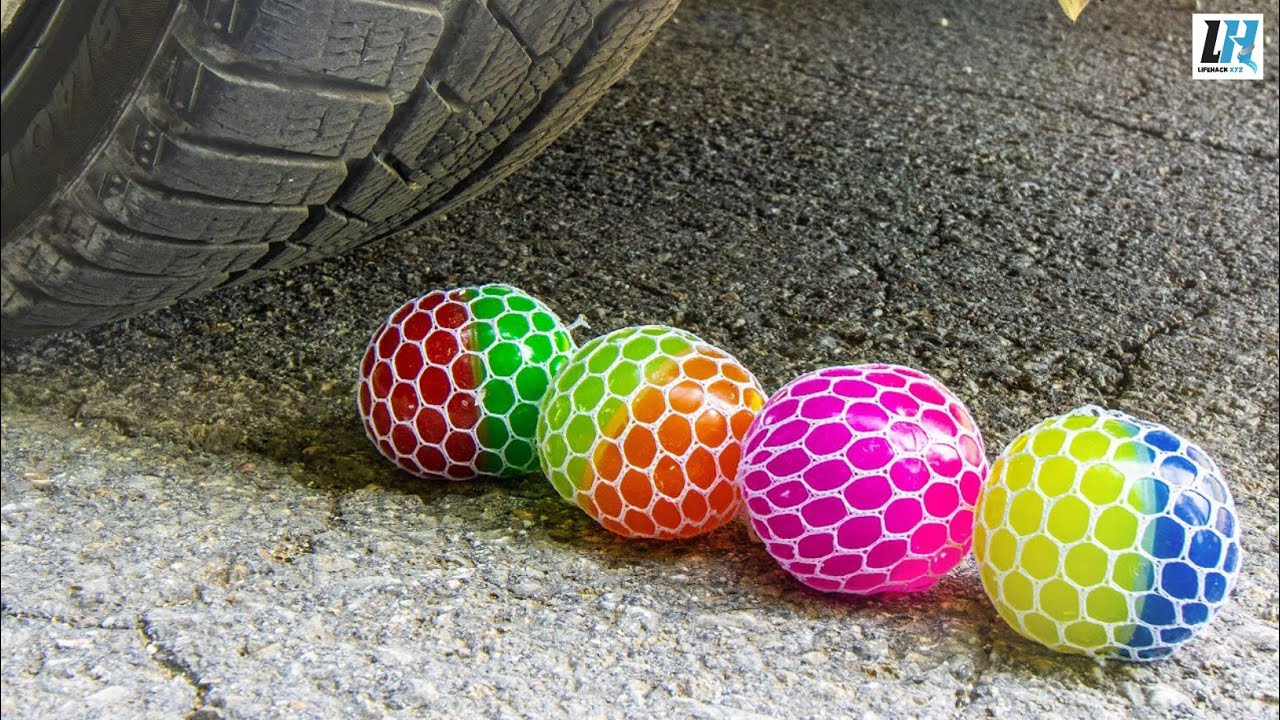 EXPERIMENT CAR vs Anti Stress Balls, Rainbow Balls | Crushing Crunchy ...
