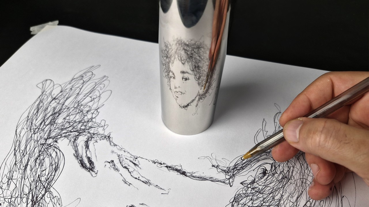 Drawing Face in Mirror Reflection | Amazing Anamorphic Art - YouTube