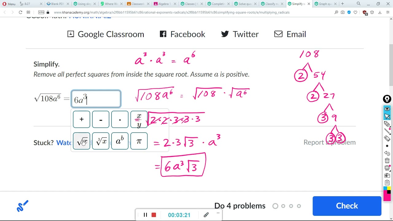 Simplify Square Roots variables Khan Academy YouTube