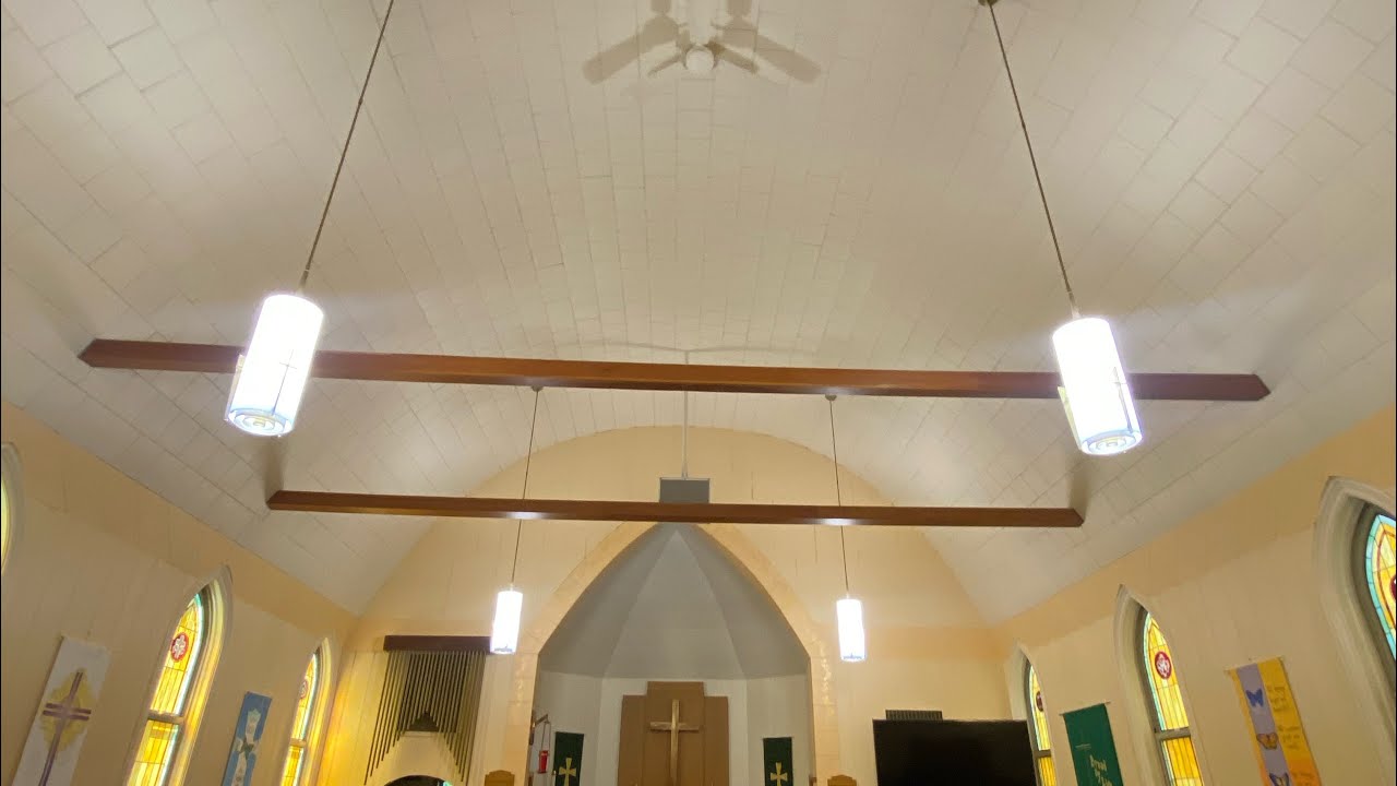 Union industrial ceiling fan in historic country side church - YouTube