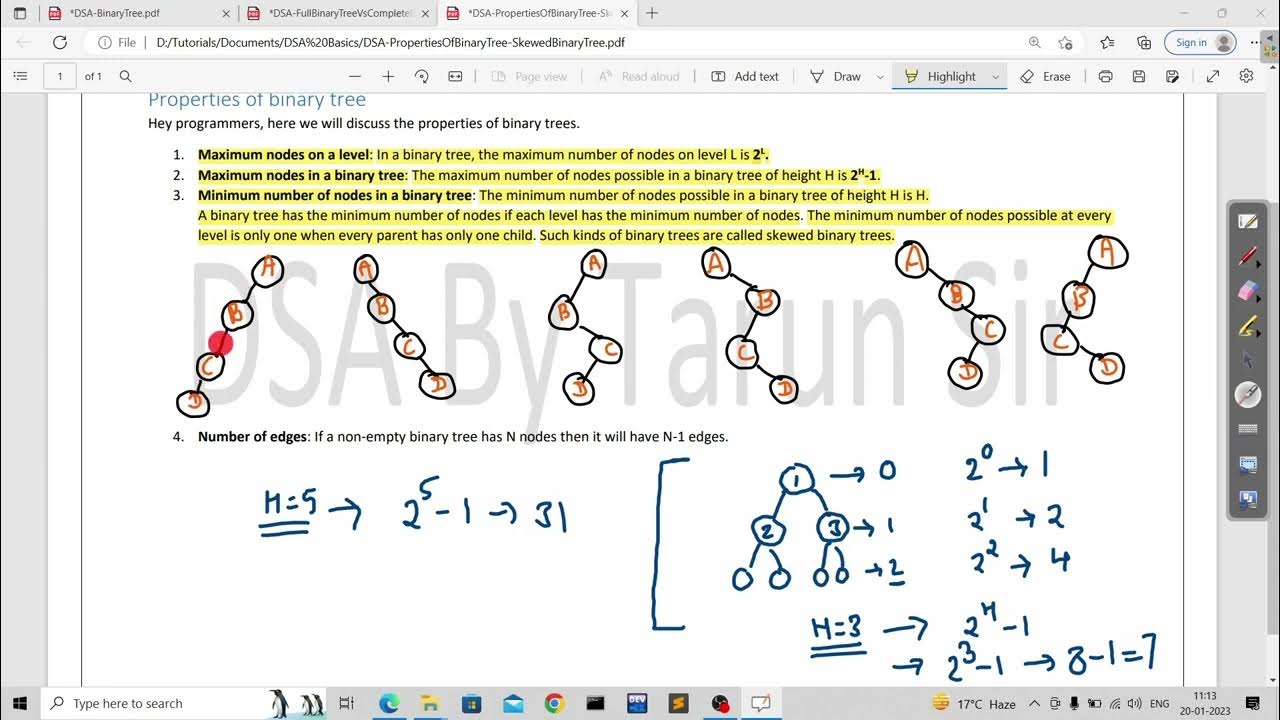 properties of binary trees | skewed binary tree in data structure - YouTube