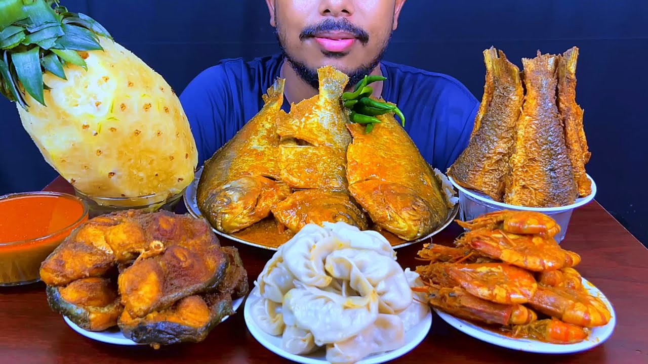 Eating Spicy Whole Rupchanda Fish Curry,Fish Fry,Momo,Shrimp,Pineapple ...