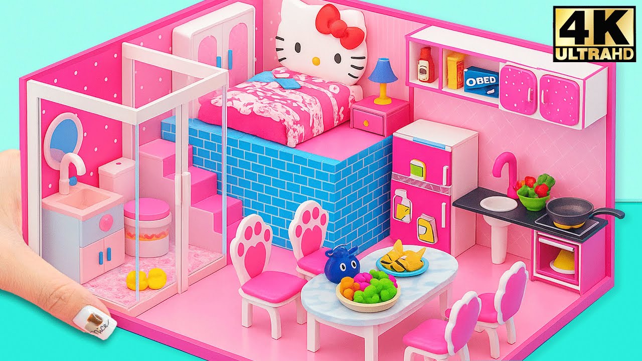 Make a Cardboard Hello Kitty Dream House with Pink Bedroom & Kitchen 🍓📦 ...