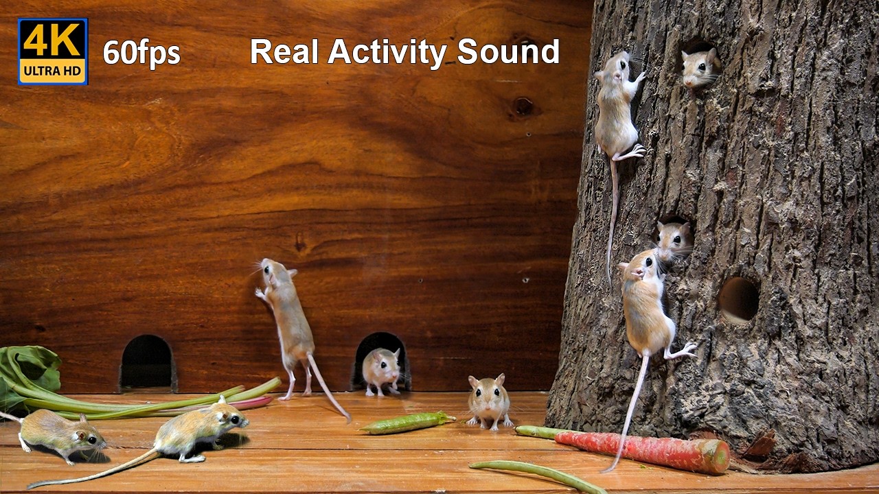 8 Hour Cat TV: Mice Hide & seek, Climbing, and Squeaking on Wood Stump ...