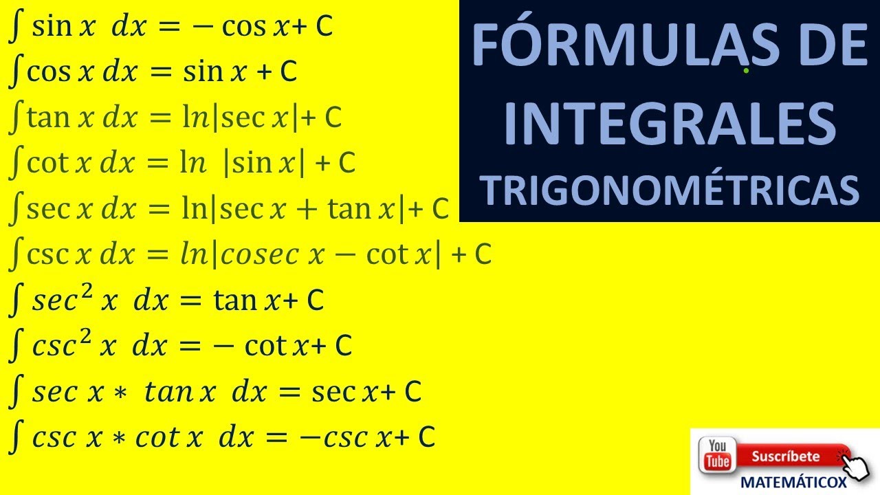 1282 FÓRMULAS DE INTEGRALES DE FUNCIONES TRIGONOMÉTRICAS - YouTube