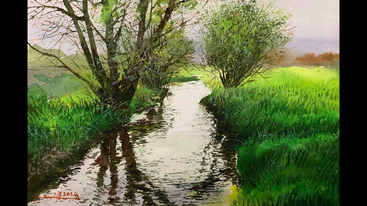 Watercolor painting tutorial - River and Trees - YouTube