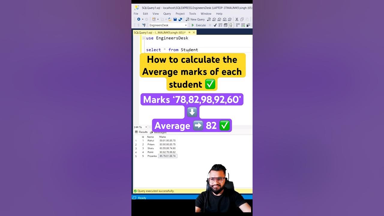 How to find the average marks of each student separated by comma #sql #sqlqueries #shorts # ...