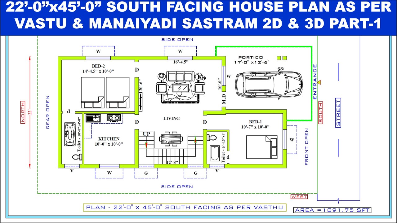 22'-0" x 45'-0" South Facing Plan as per Vastu and Manaiyadi Sastram ...