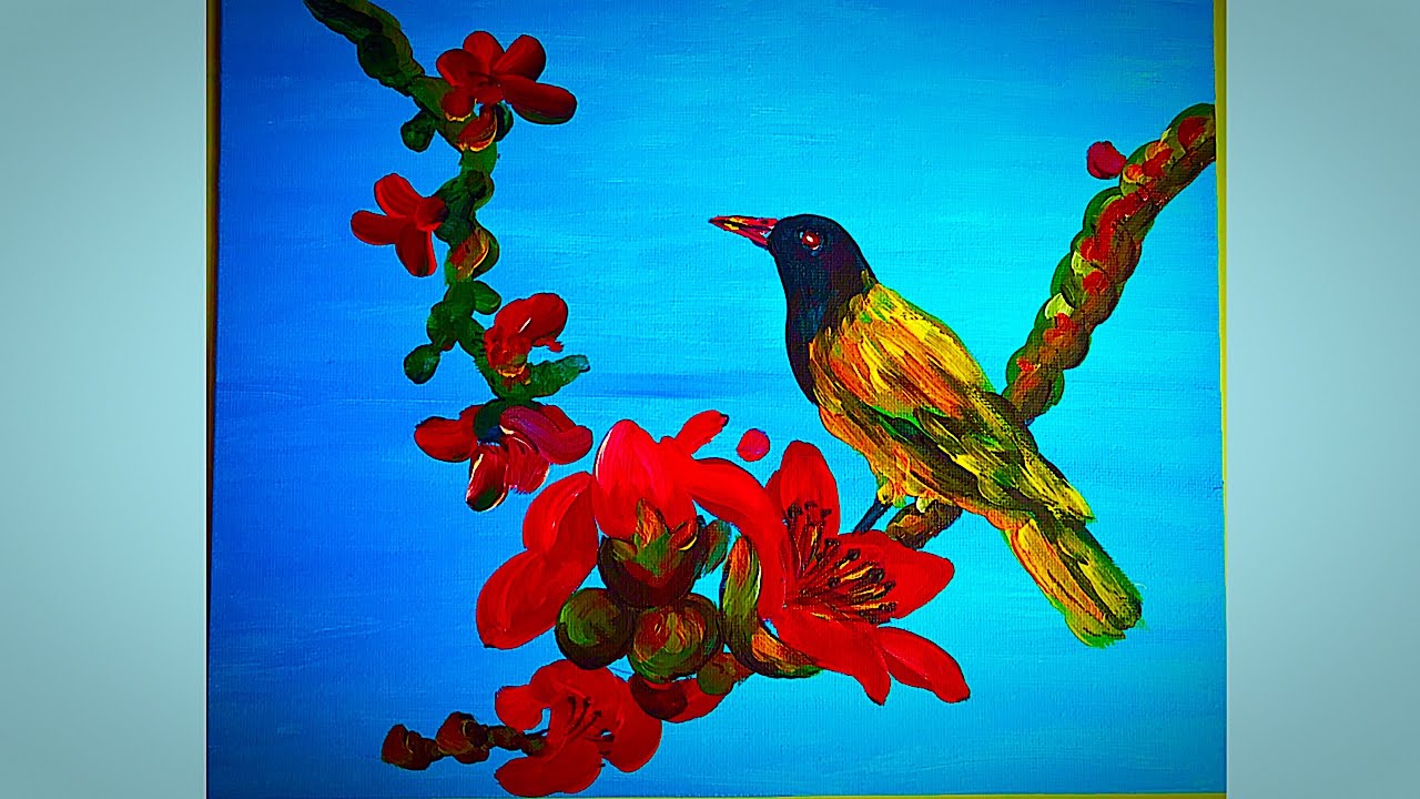 Bengali Shimul Flowers and Yellow Bird Drawing l Acrylic Painting for ...