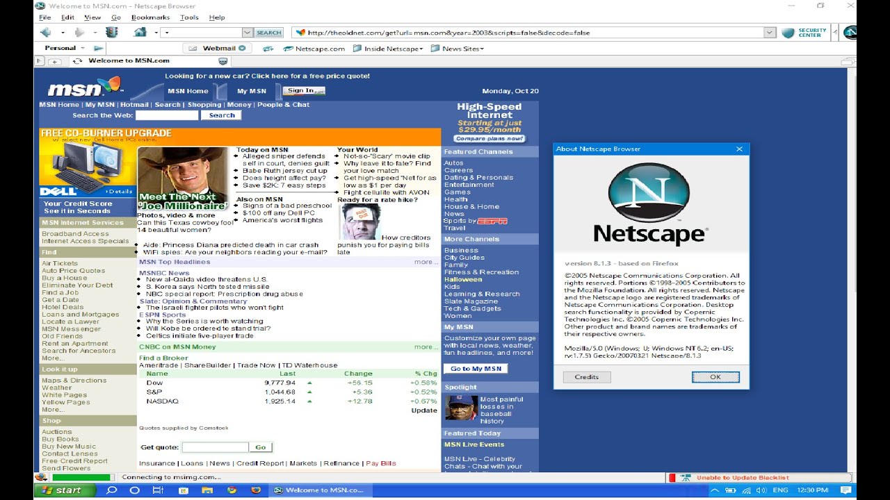 MSN com (1996,1999,2000,2002,2003) on Netscape Navigtor 8 - YouTube