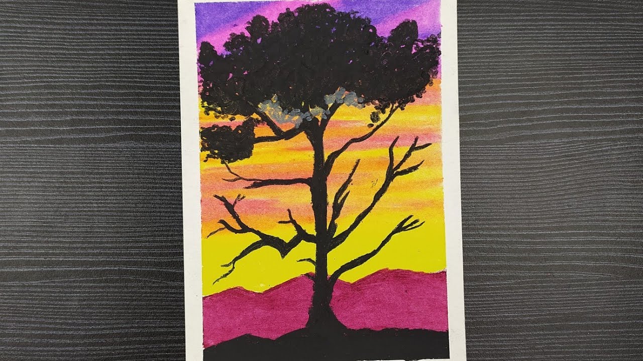 Tree Drawing With Oil Pastels || How To Draw A Scenery Drawing || Oil ...