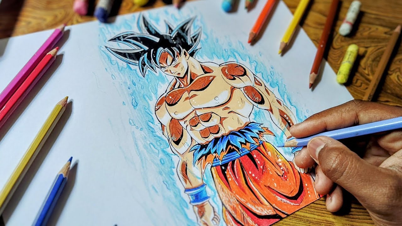 Drawing Goku ultra instinct with cheap color pencils || goku drawing ...