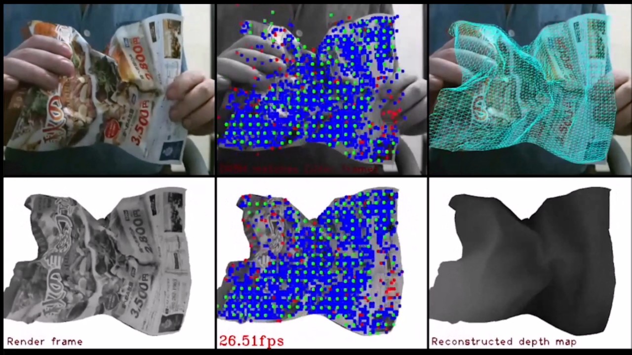 Live demo of 3D object tracking/Shape-from-Template with a crumpling ...