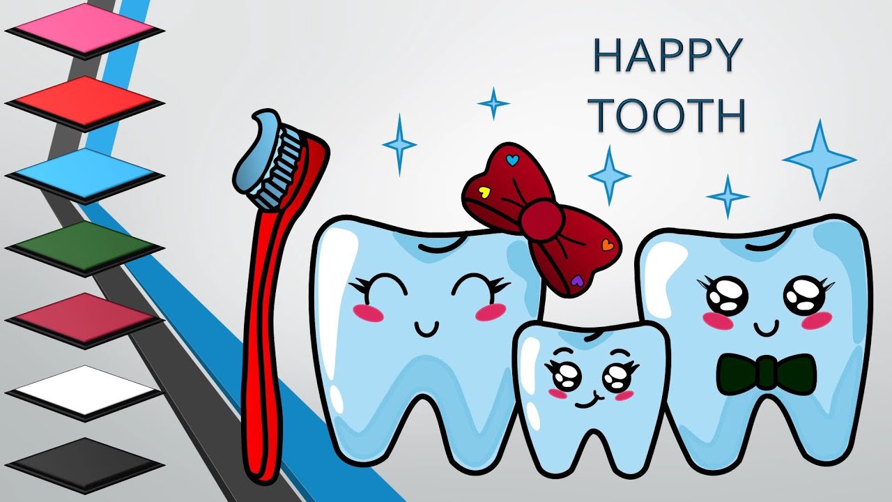 Happy tooth || How to draw tooth & brush || Drawing and colouring cute ...