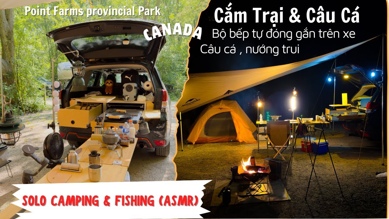 [4K]Solo Camping & fishing /ASMR/grilled fish/DIY kitchen cabinets ...