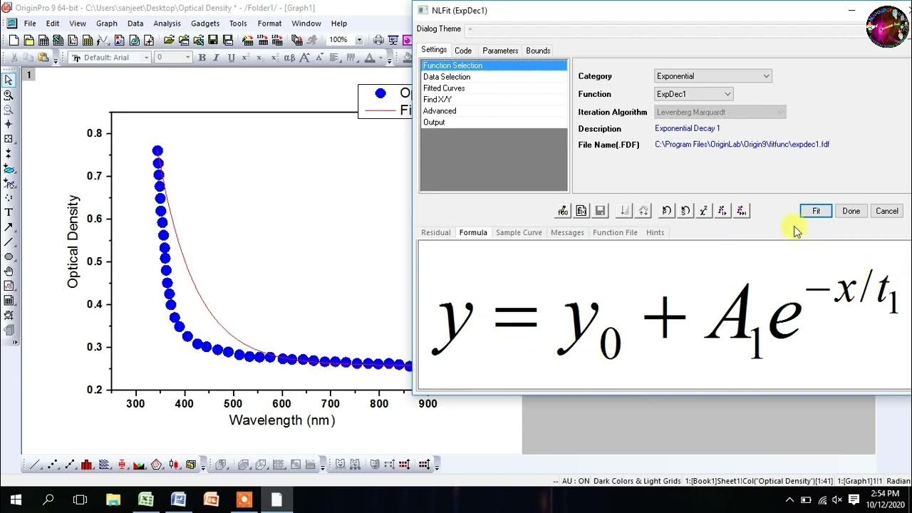 Fit to Non-linear/exponential function Fitting Function in the experimental Data via Origin ...