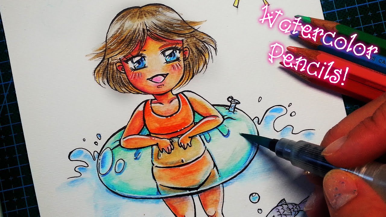 How to Use Watercolor Pencils: Draw Chibi Girl with Swim Ring - YouTube