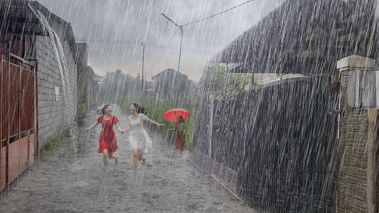 super big heavy rain and An extreme strong wind storm hit my village ...