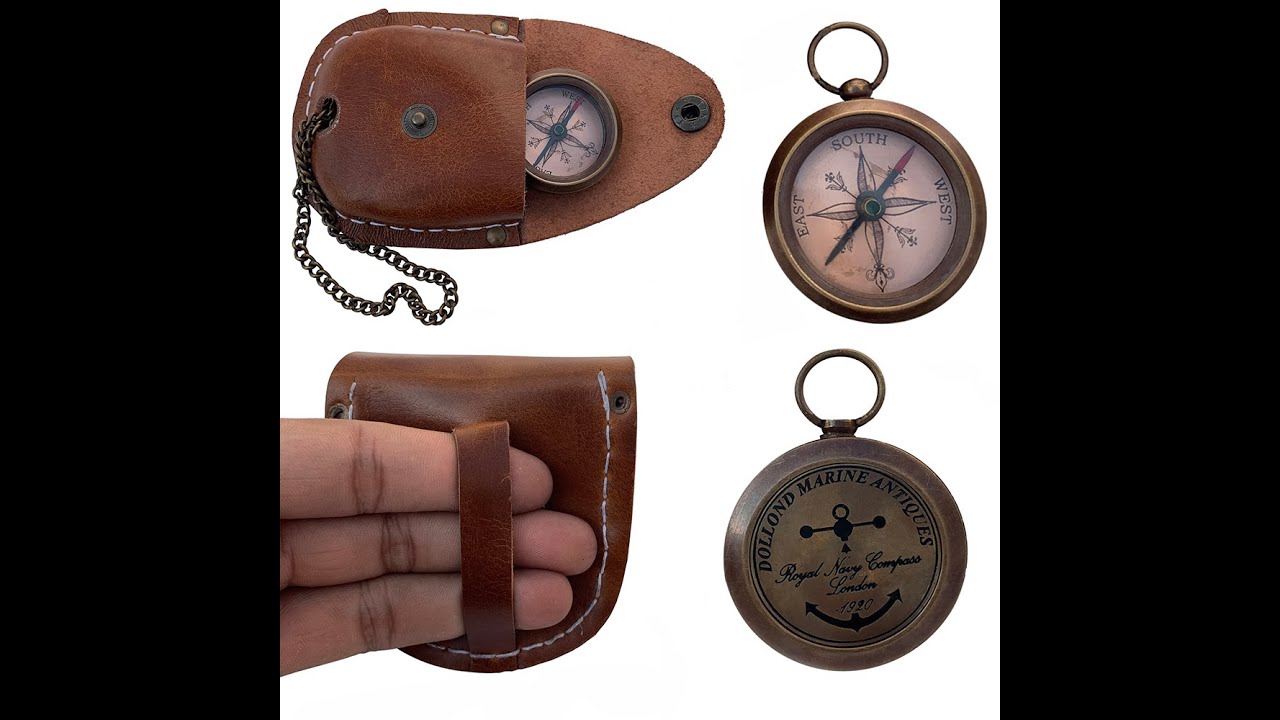 Vintage Antique Brass Pocket Chain Compass In Marine Belt Strap Leather ...