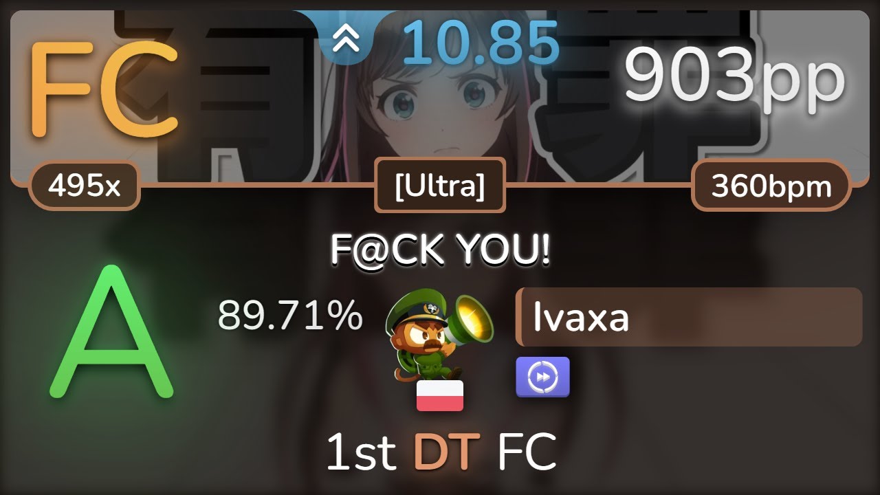 10.8⭐ Ivaxa | Kizuna AI - F@CK YOU! [Ultra] +DT 89.71% FC 903pp - osu ...
