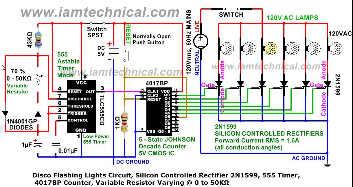 Disco Flashing Lights Circuit, Thyrister 2N1599, 555 Timer, Variable ...
