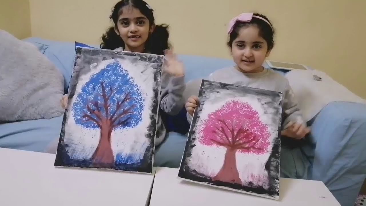 Daniya and hanadi blue and pink tree paintings - YouTube