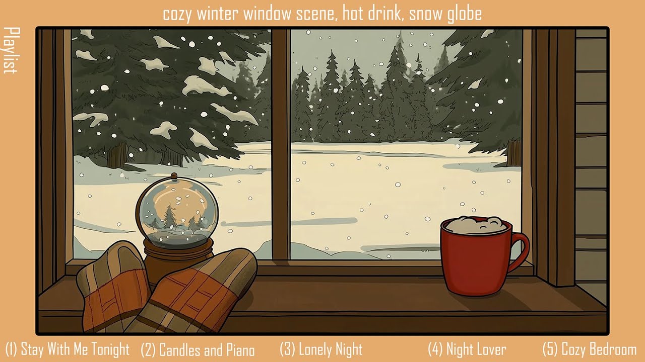 cozy winter window scene, hot drink, snow globe - YouTube