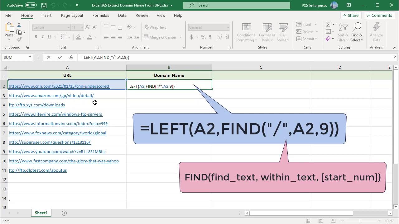 How to Extract Domain Name From URL in Excel - Office 365 - YouTube