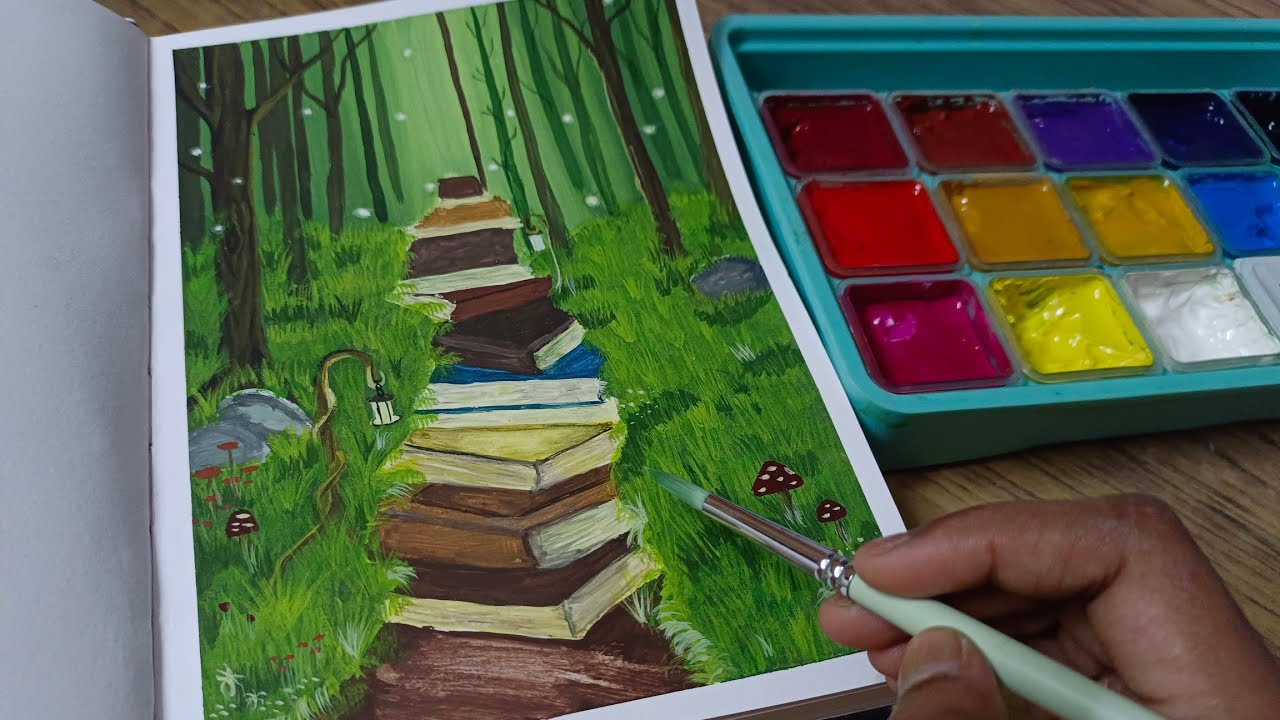 Painting 'The Reader's Path'🍃 with jelly gouache | Gouache Painting ...