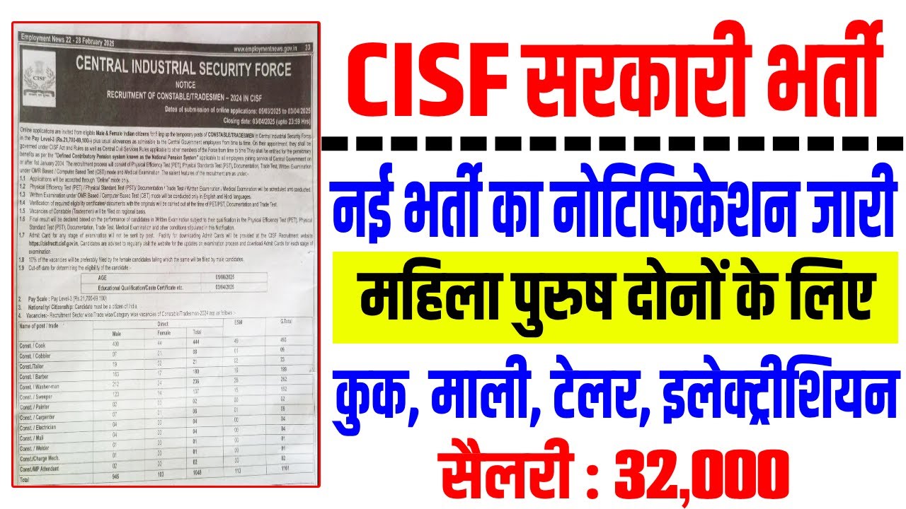 CISF Recruitment 2025 | Cook, Gardner, Tailor | Salary | Qualification ...