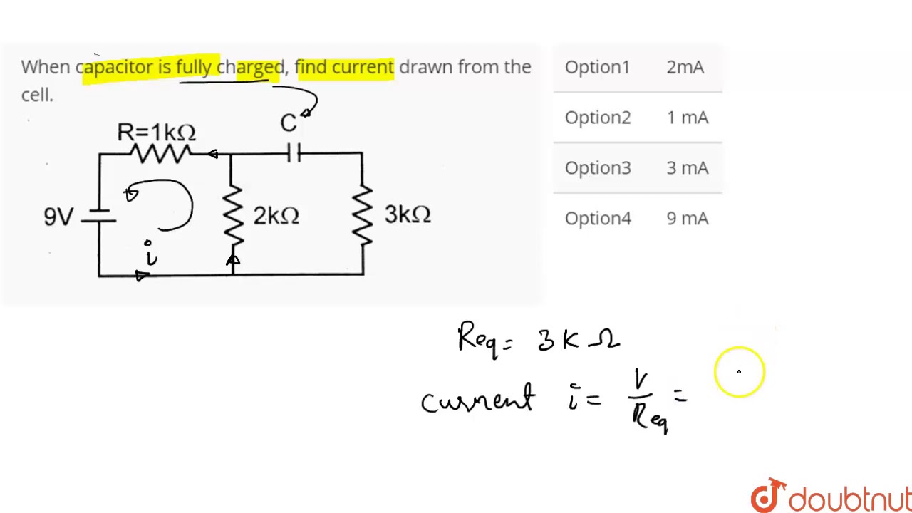 When capacitor is fully charged, find current drawn from the cell ...