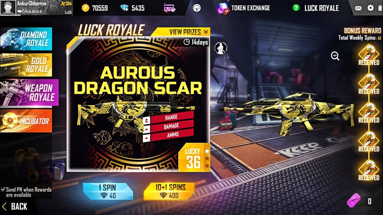 Aurous Dragon Scar Gun Skin in Free Fire Weapon Royale || Did I got the ...