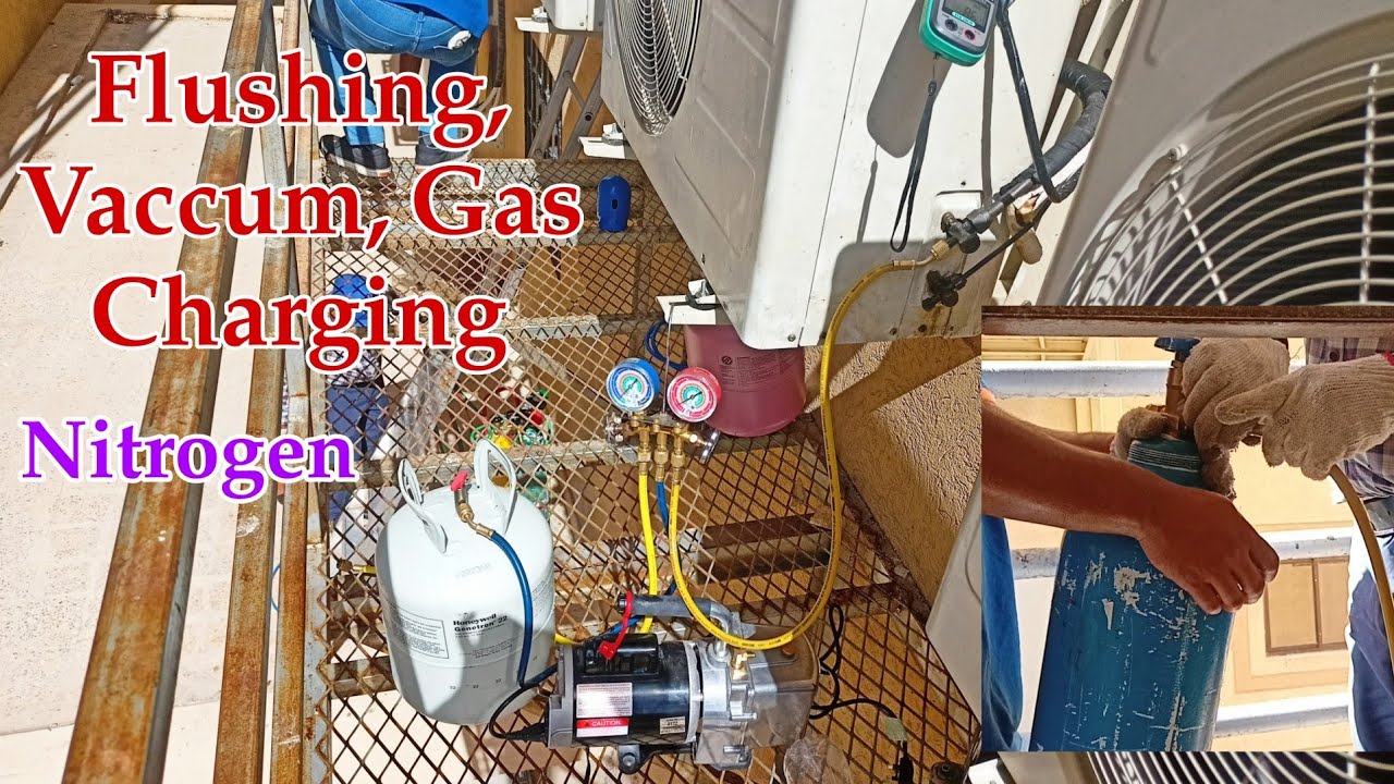 Split Ac Flushing, Vaccum With Vaccum Pump & Gas Charging - YouTube