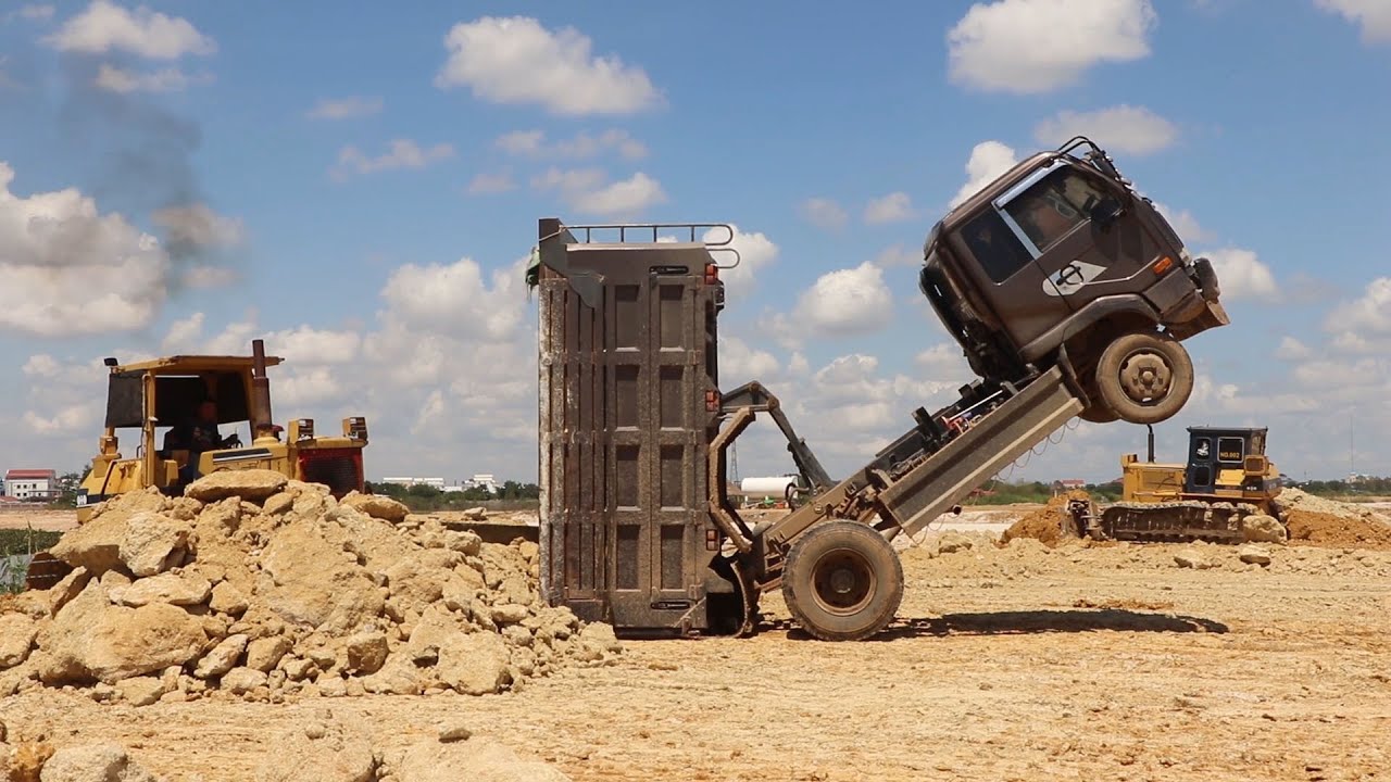 Extreme Unloading Soils Flying Truck & Power Bulldozer , Roller Working ...