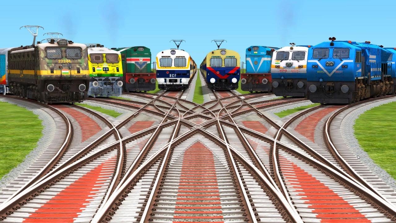 Eights Real Trains Crossing By Simple Bumpy Grandient Railroad Tracks ...
