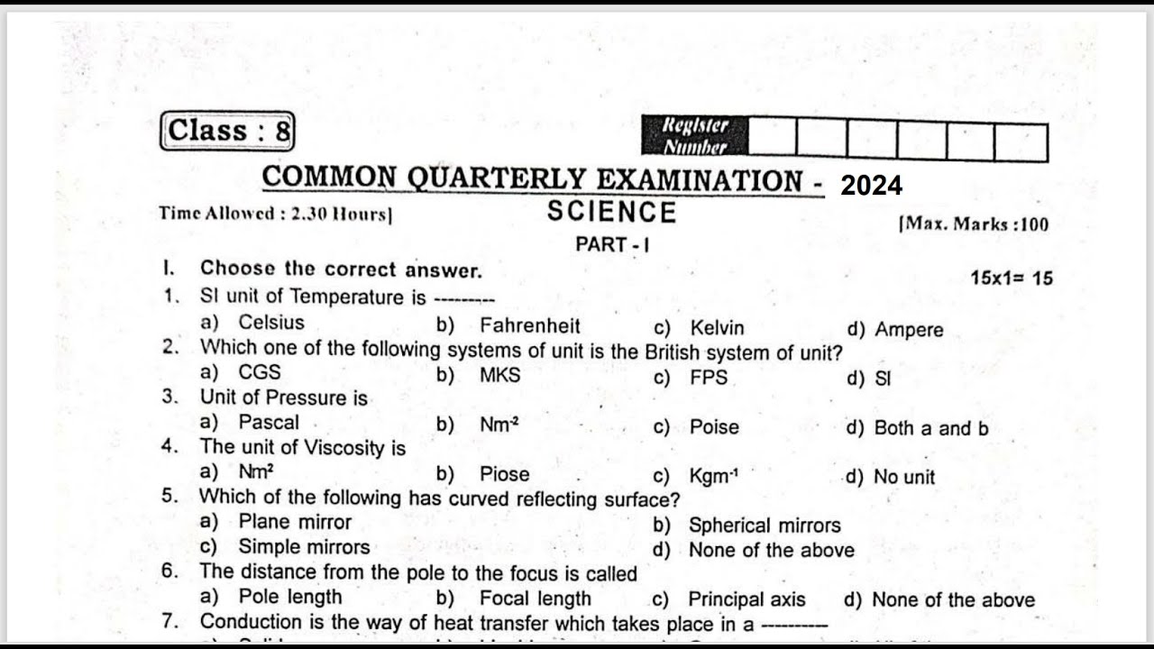 8TH STD SCIENCE QUARTERLY EXAM ORIGINAL QUESTION PAPER-2024 ...