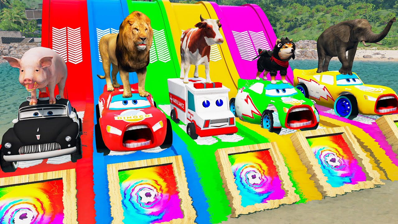 Cow Elephant Lion Gorilla Tiger T-Rex vs Big & Small Monster Truck ...