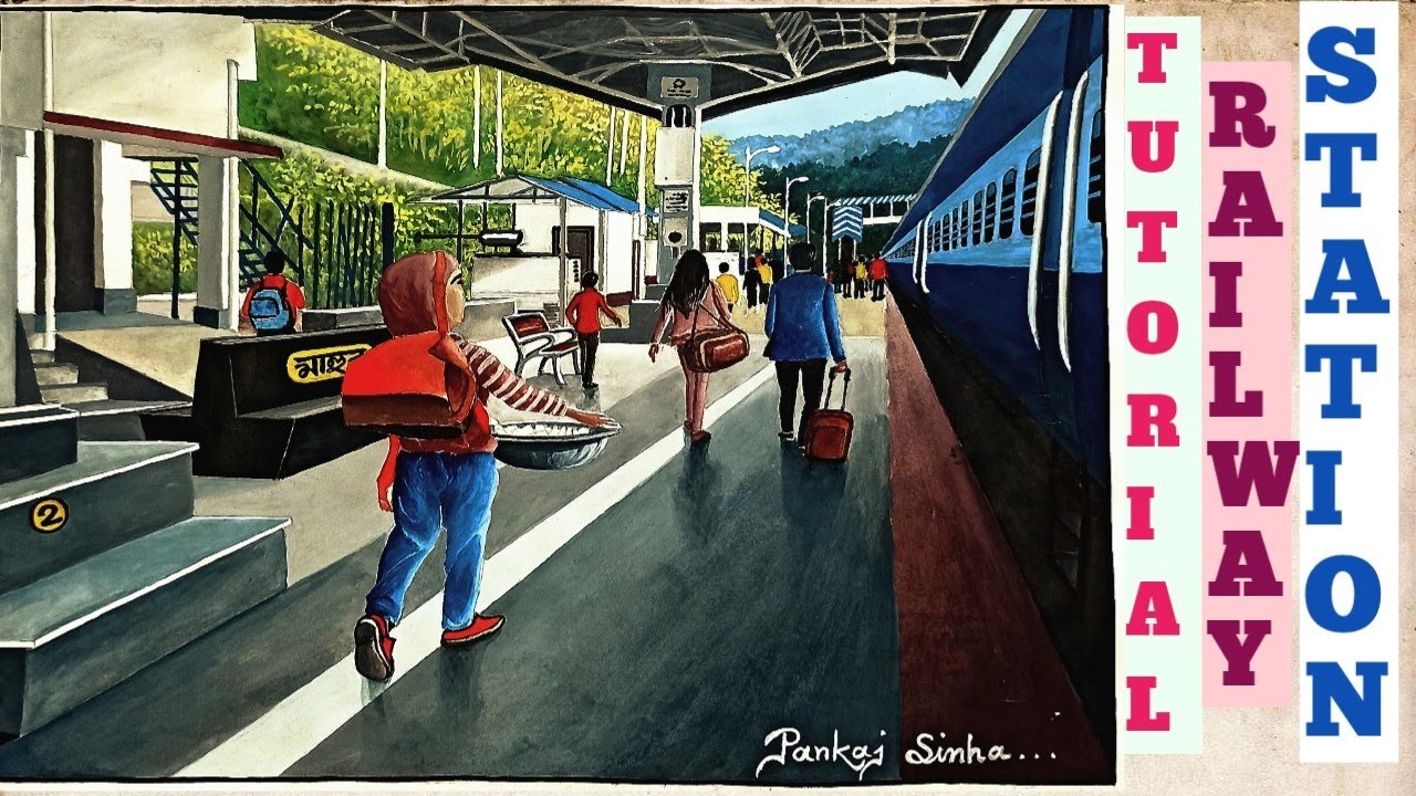 Railway station scene painting, (Tutorial) || Mahur Railway station ...